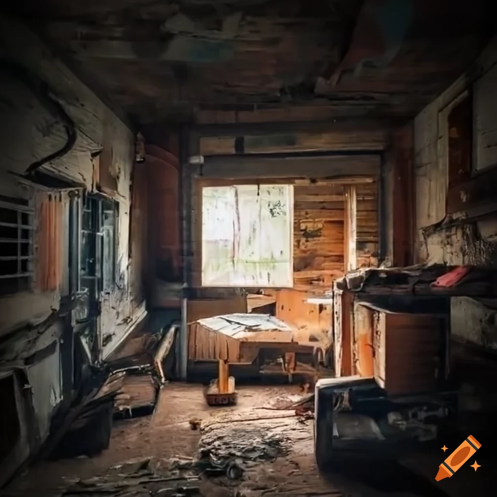 Interior of an abandoned tool shed with scattered equipment on Craiyon