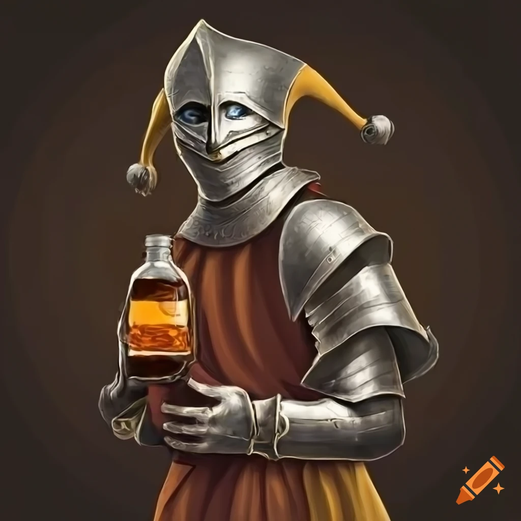 Jester in knight armor with a whiskey bottle