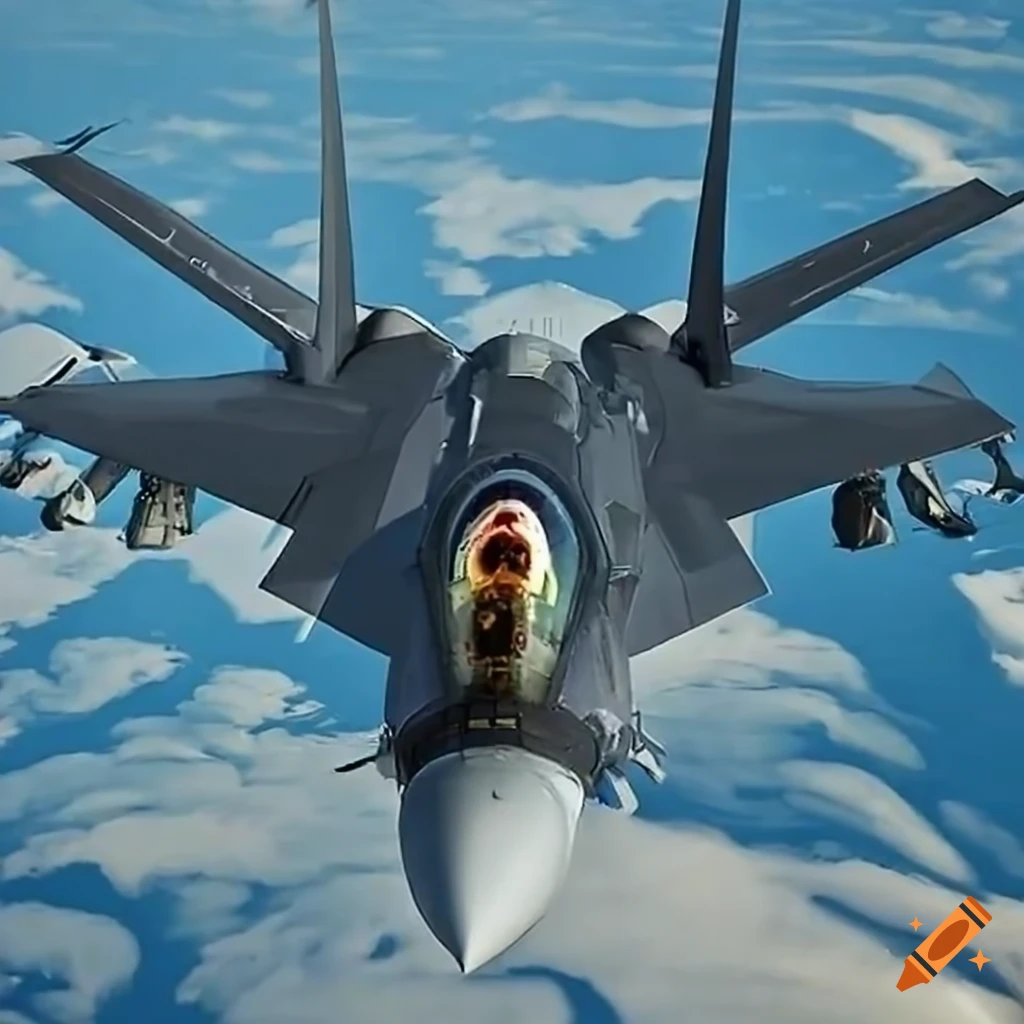 Conceptual image of a hybrid F-16 and F-22 fighter jet on Craiyon