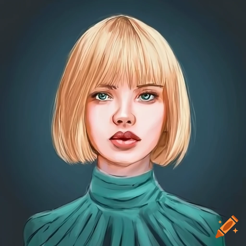 Illustration of a young blonde girl with a bob hairstyle on Craiyon