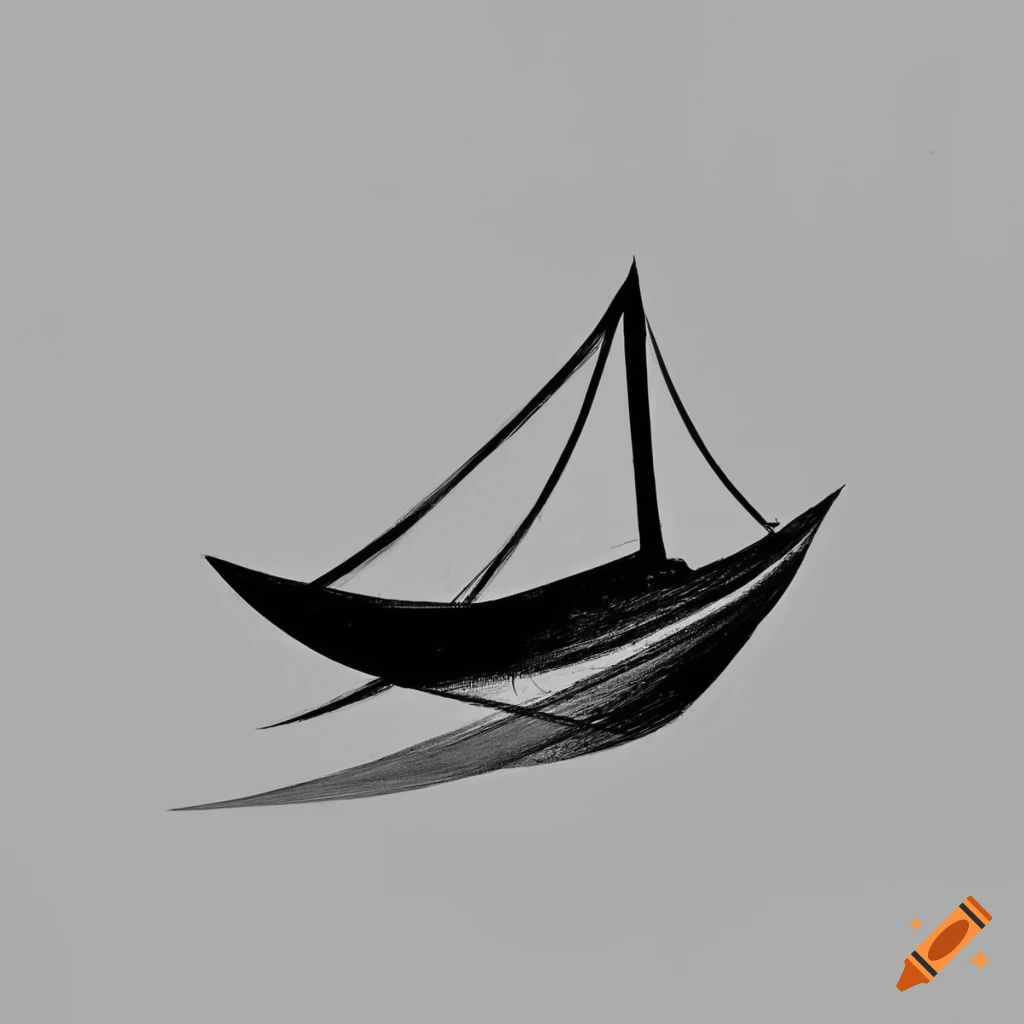 Abstract black and white drawing resembling a boat