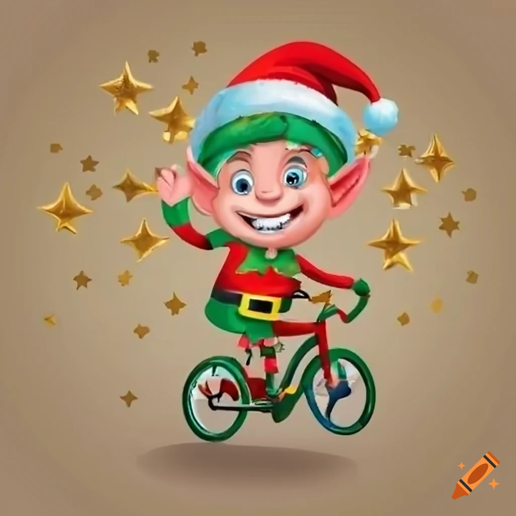Cartoon elf riding a bike with golden stars for Christmas on Craiyon