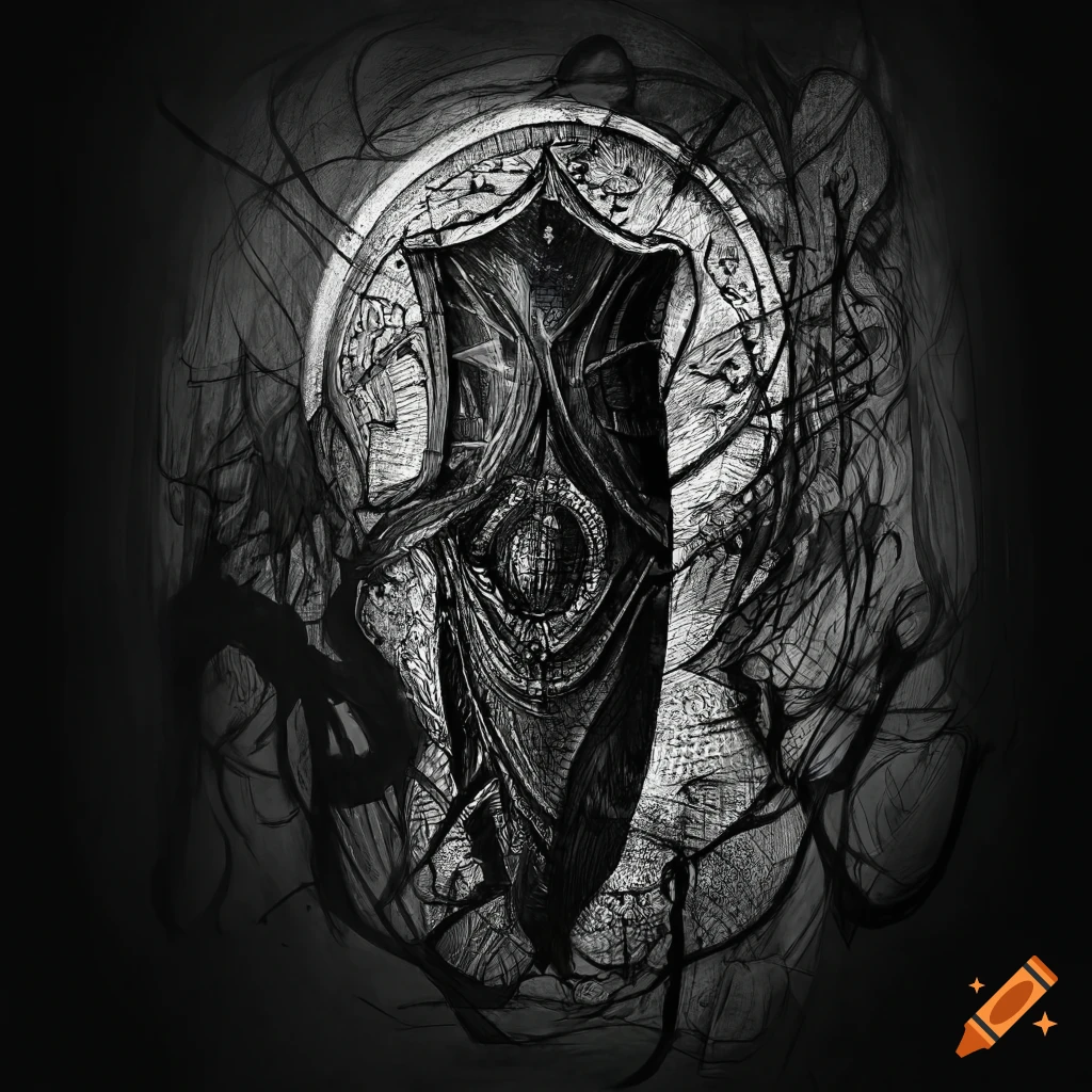 Black ink artwork of a shield in darkness on Craiyon