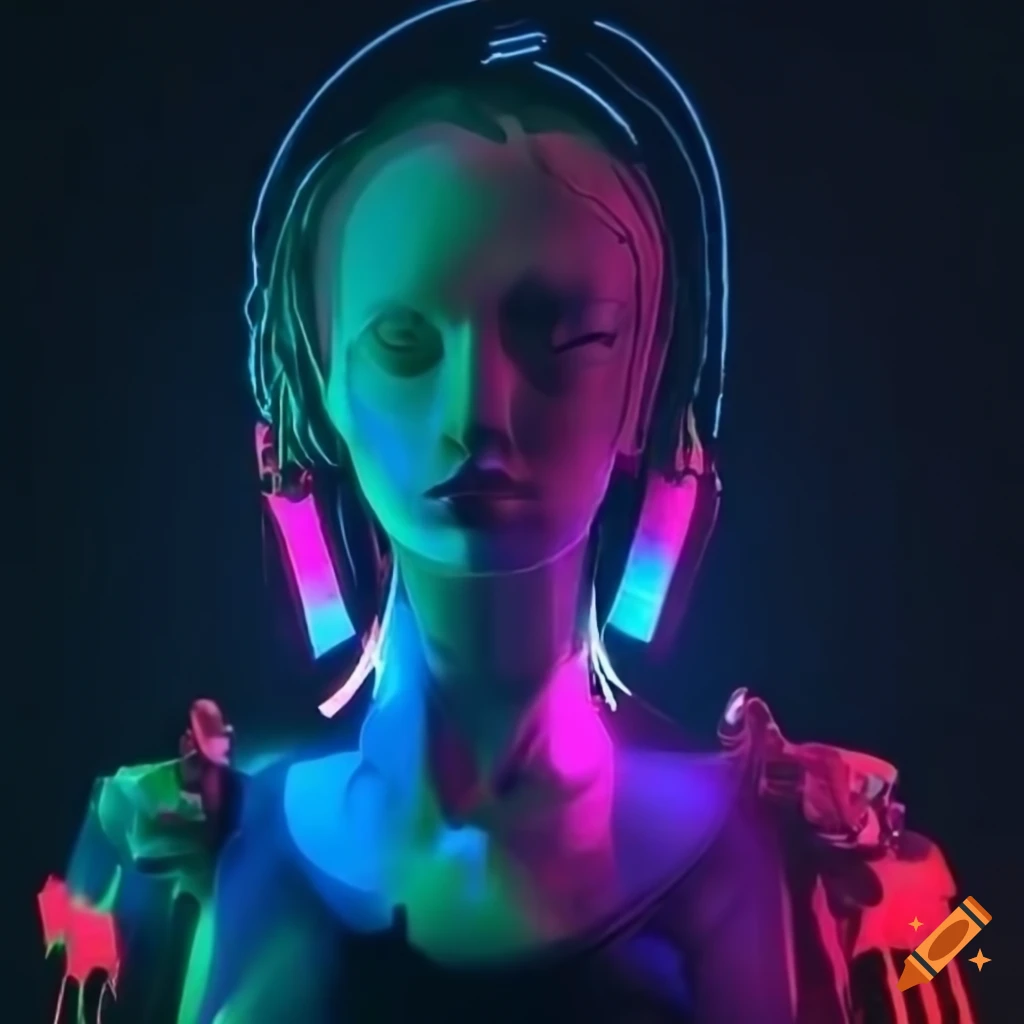 Cyberpunk depiction of Virgin Mary with neon colors on Craiyon