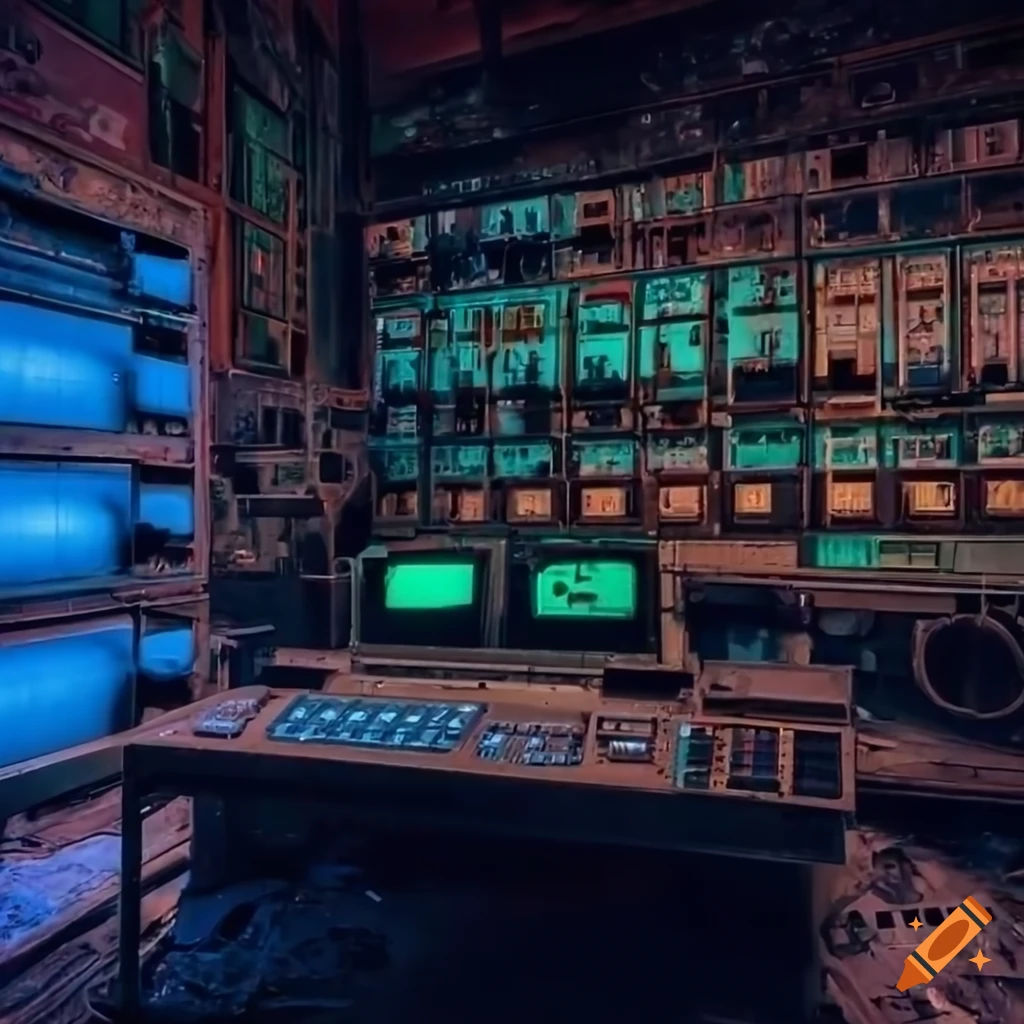 Abandoned control room with rusty computers and control panels on Craiyon
