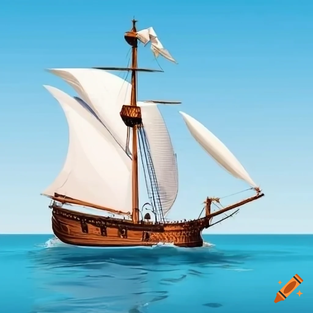 Profile view of a pirate ship with white sail on sunny beach on Craiyon