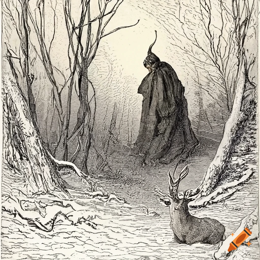 Ink drawing of a deer in a winter landscape on Craiyon