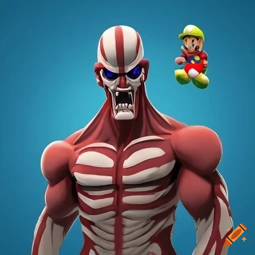 Artwork of super mario bros characters as colossal titans on Craiyon