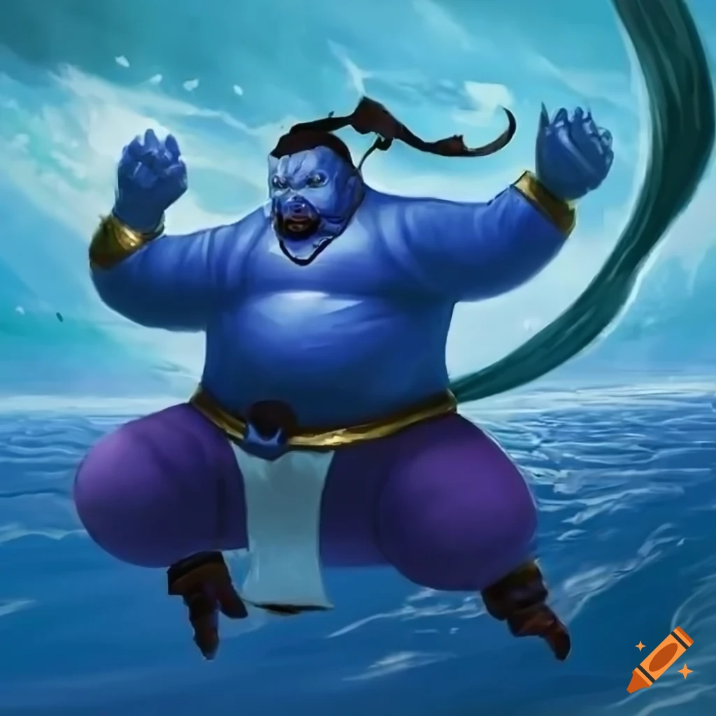 Fantasy artwork of a blue genie flying over the ocean