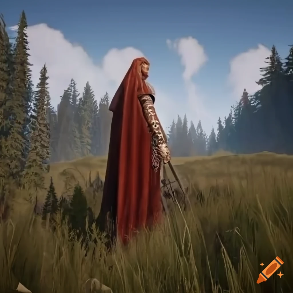 Game character of a red-haired elf warrior in a taiga on Craiyon
