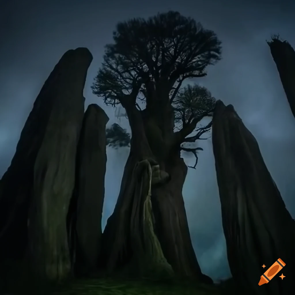 Dark artwork of stone trees in moonlight on Craiyon