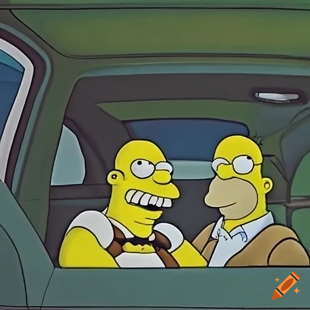 Shrek and homer simpson driving together on Craiyon
