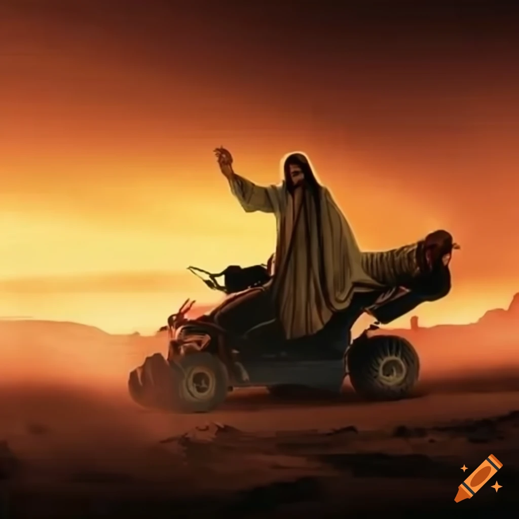Jesus riding a quad bike on a dirt road