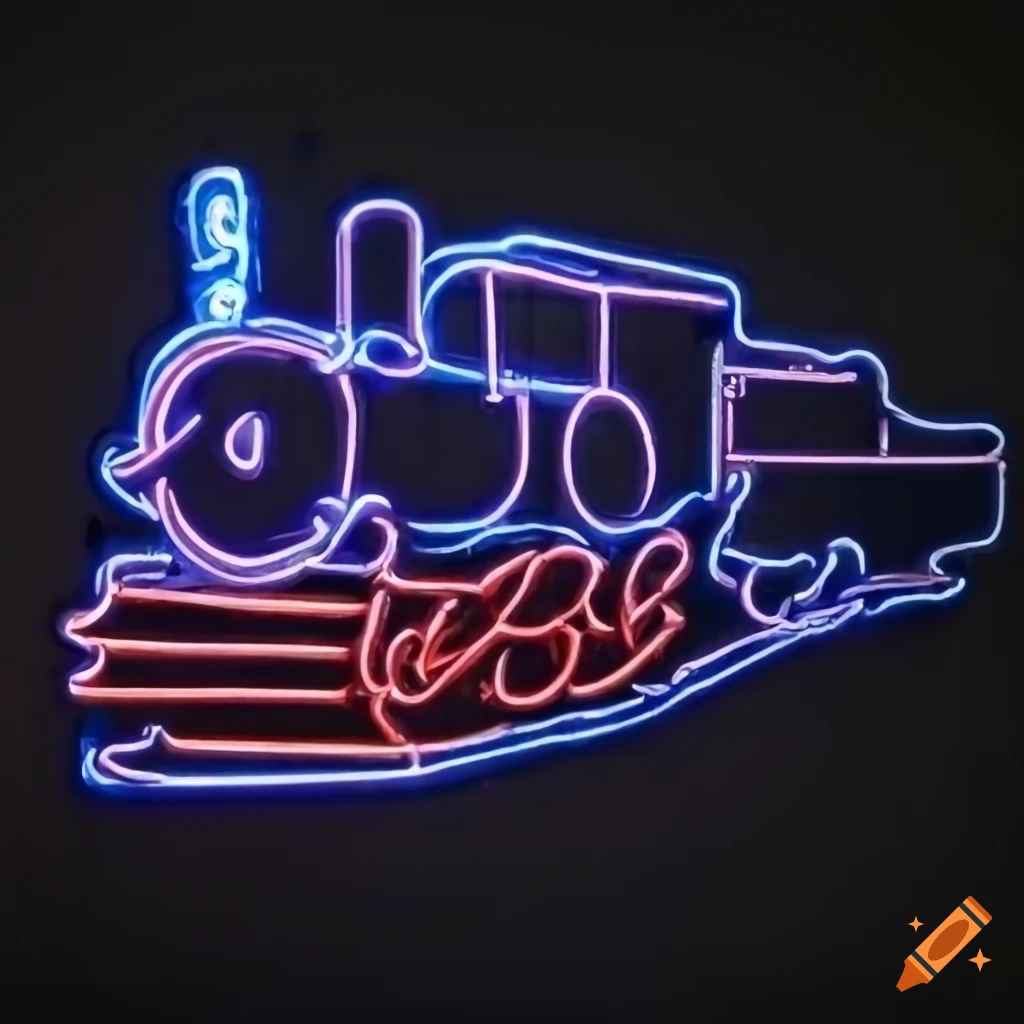 Neon sign of a steam locomotive on Craiyon