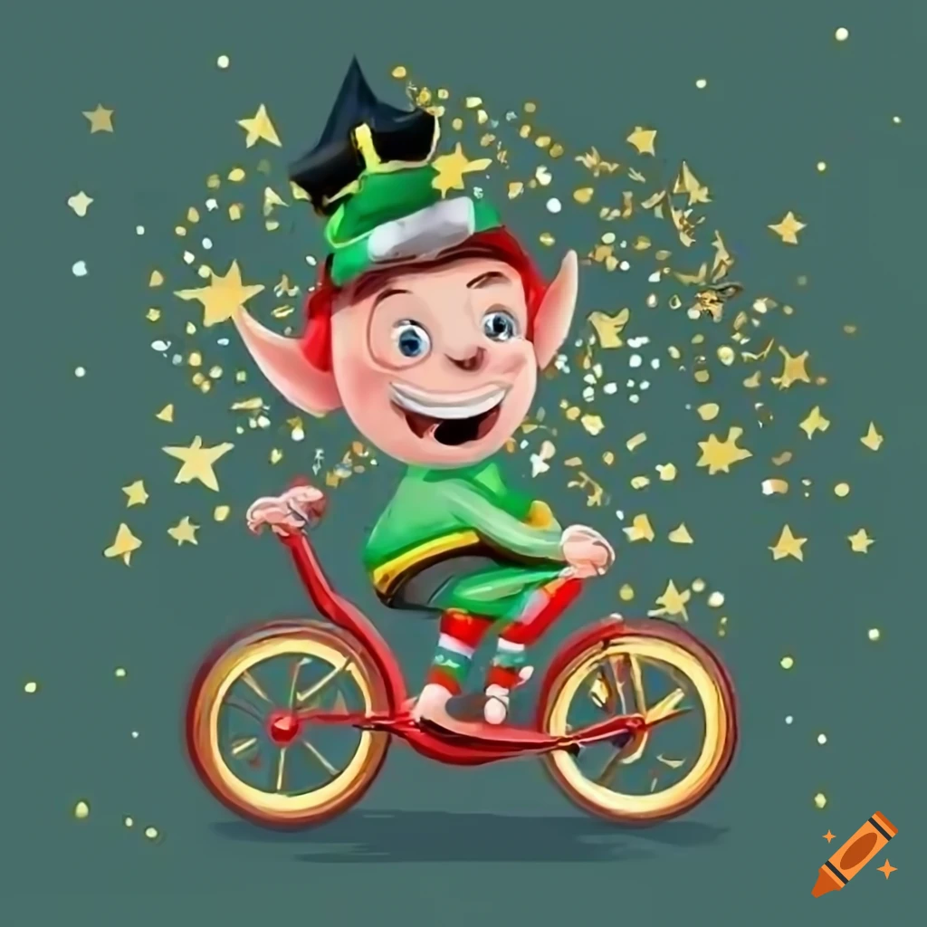 Cartoon elf riding a bike with golden stars for christmas on Craiyon
