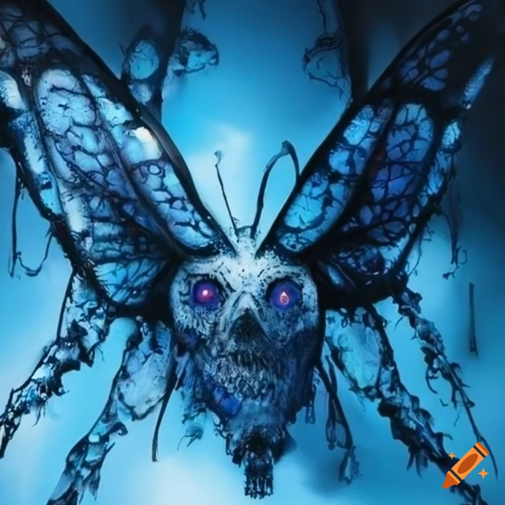 Abstract horror image with blue butterflies and a crystal chandelier on ...