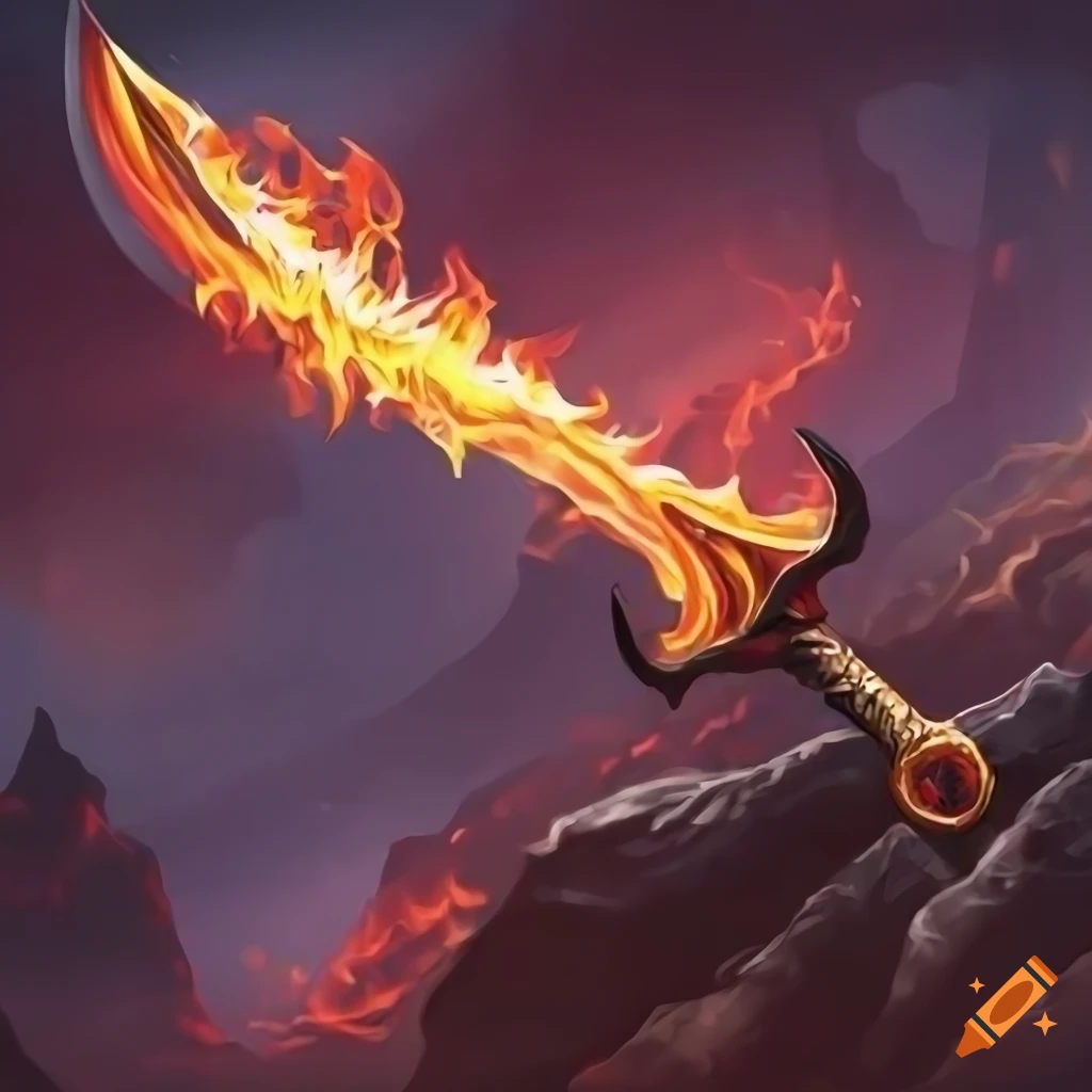 Detailed fiery sword with volcanic landscape background on Craiyon