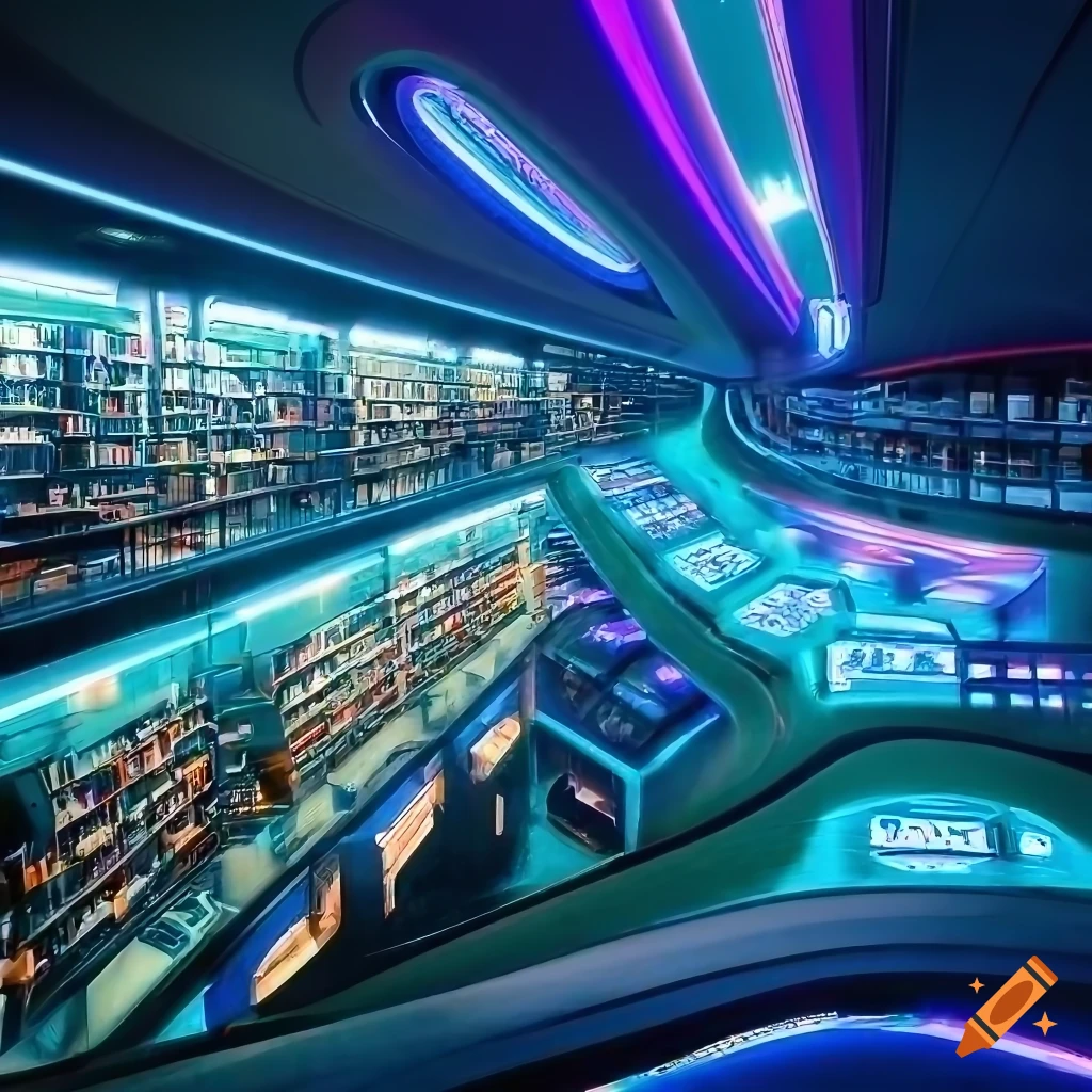 Futuristic library with cosmic atmosphere on Craiyon
