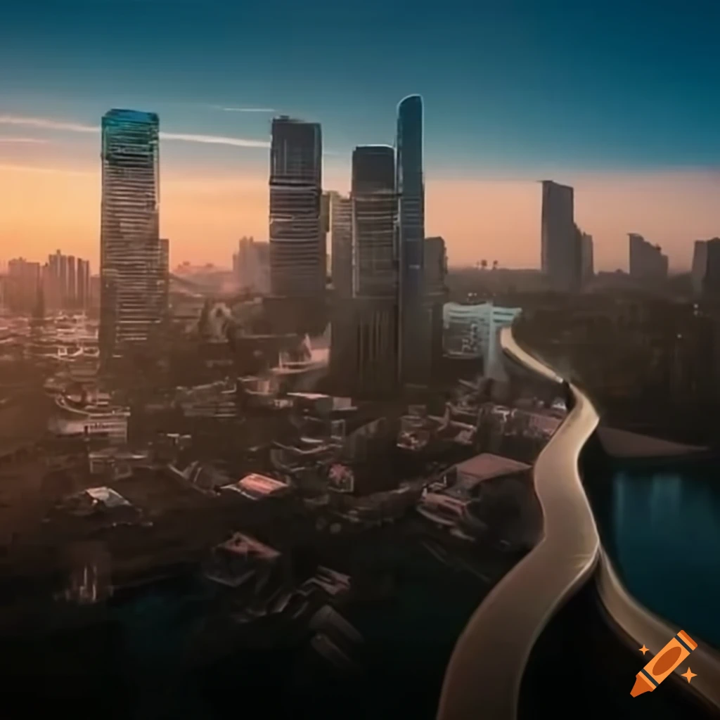 Futuristic cityscape with high-rises and a curvy river on Craiyon