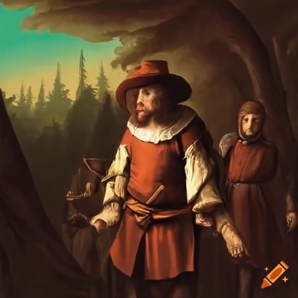 Medieval people measuring in the forest on Craiyon