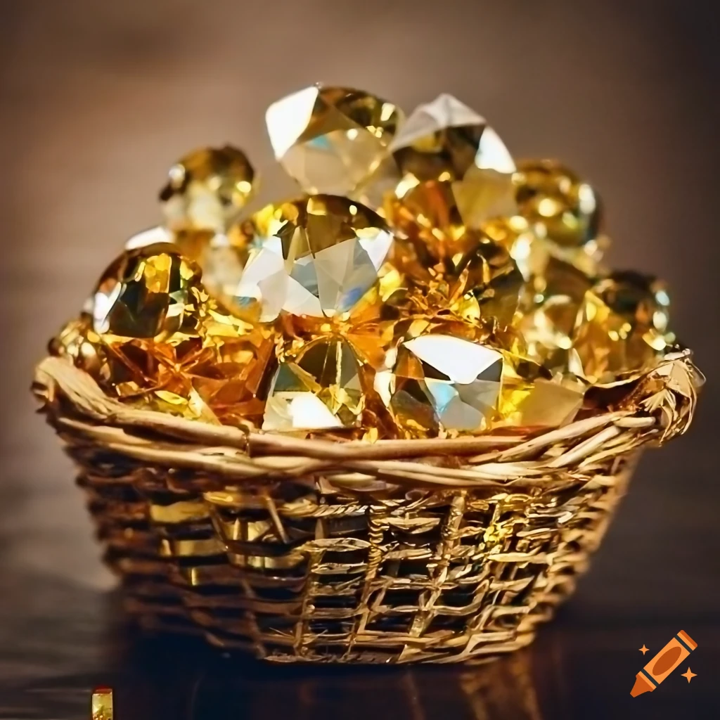 Photograph of a basket filled with diamonds and gold