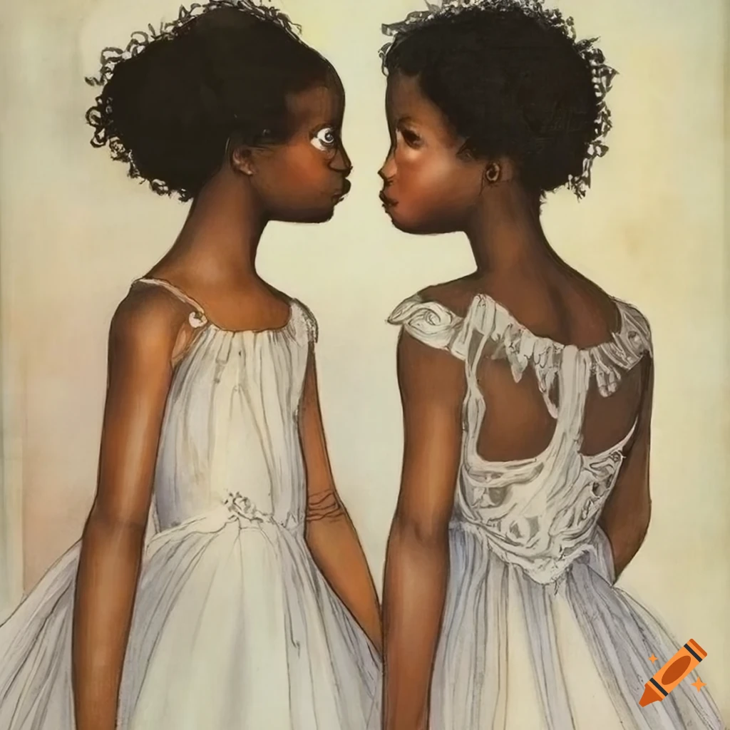 Illustration of two girls in white dresses on Craiyon