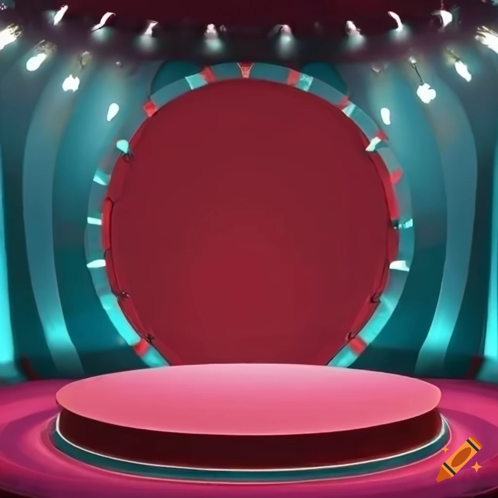Vibrant red and cyan stage with circle podium on Craiyon