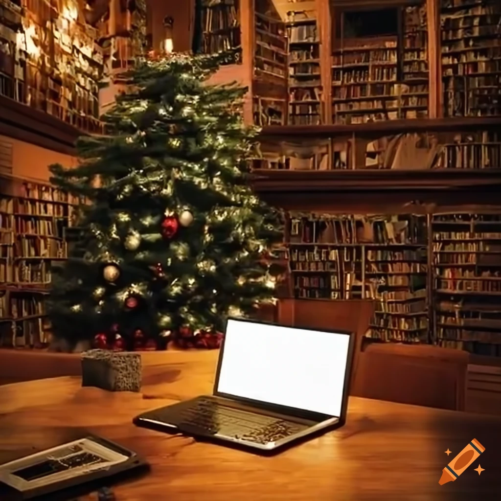 Christmas tree in a cozy library with fireplace on Craiyon