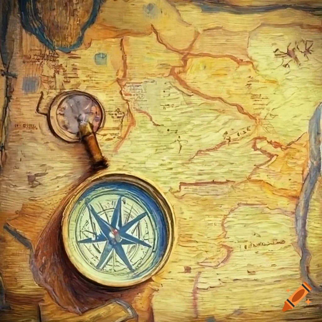 Oil painting of a medieval compass and map on a wooden table