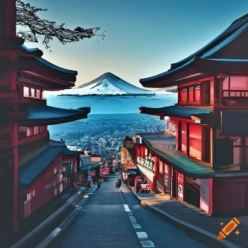 View of mount fuji and street on Craiyon