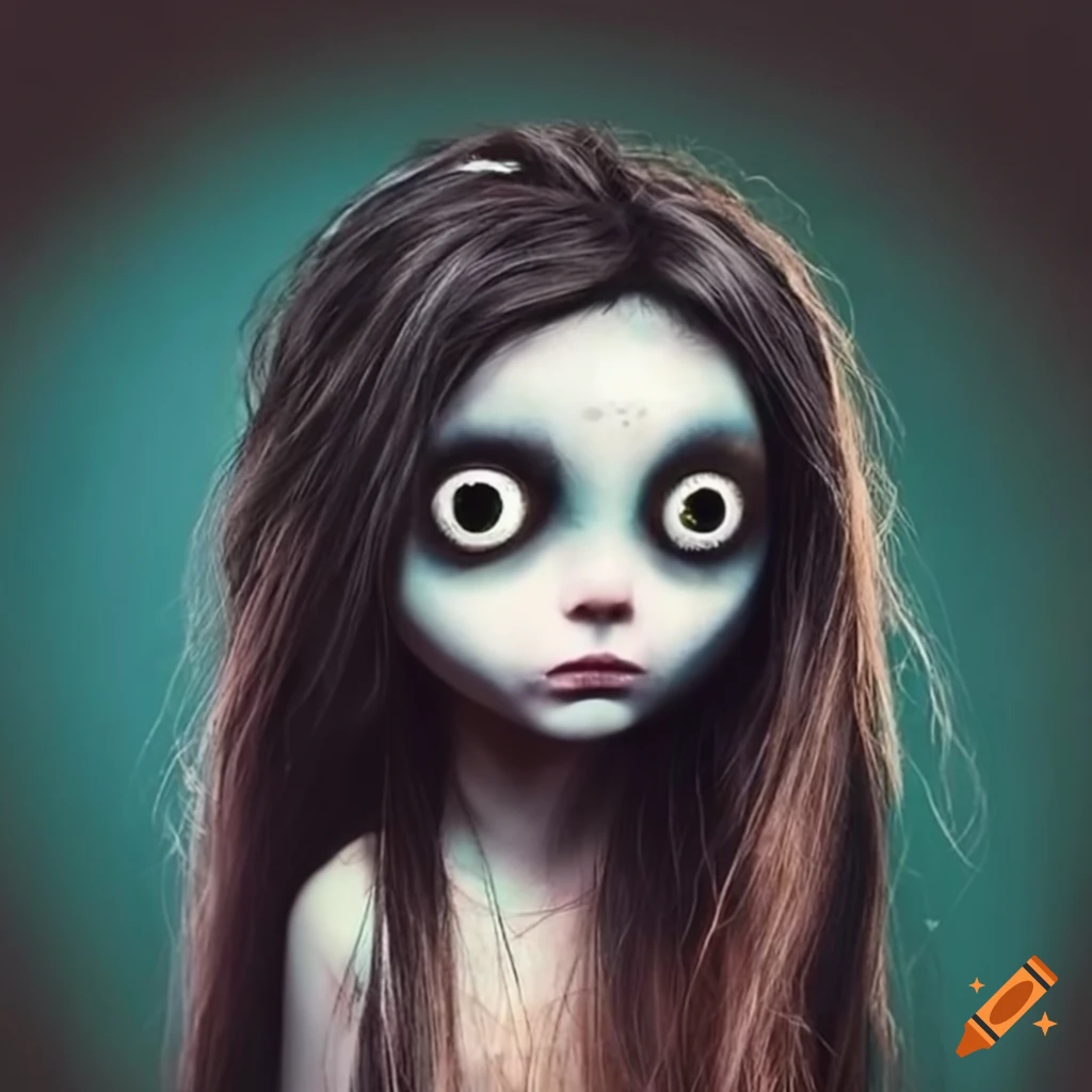 Tim burton-inspired girl with dark hair and unique features on Craiyon