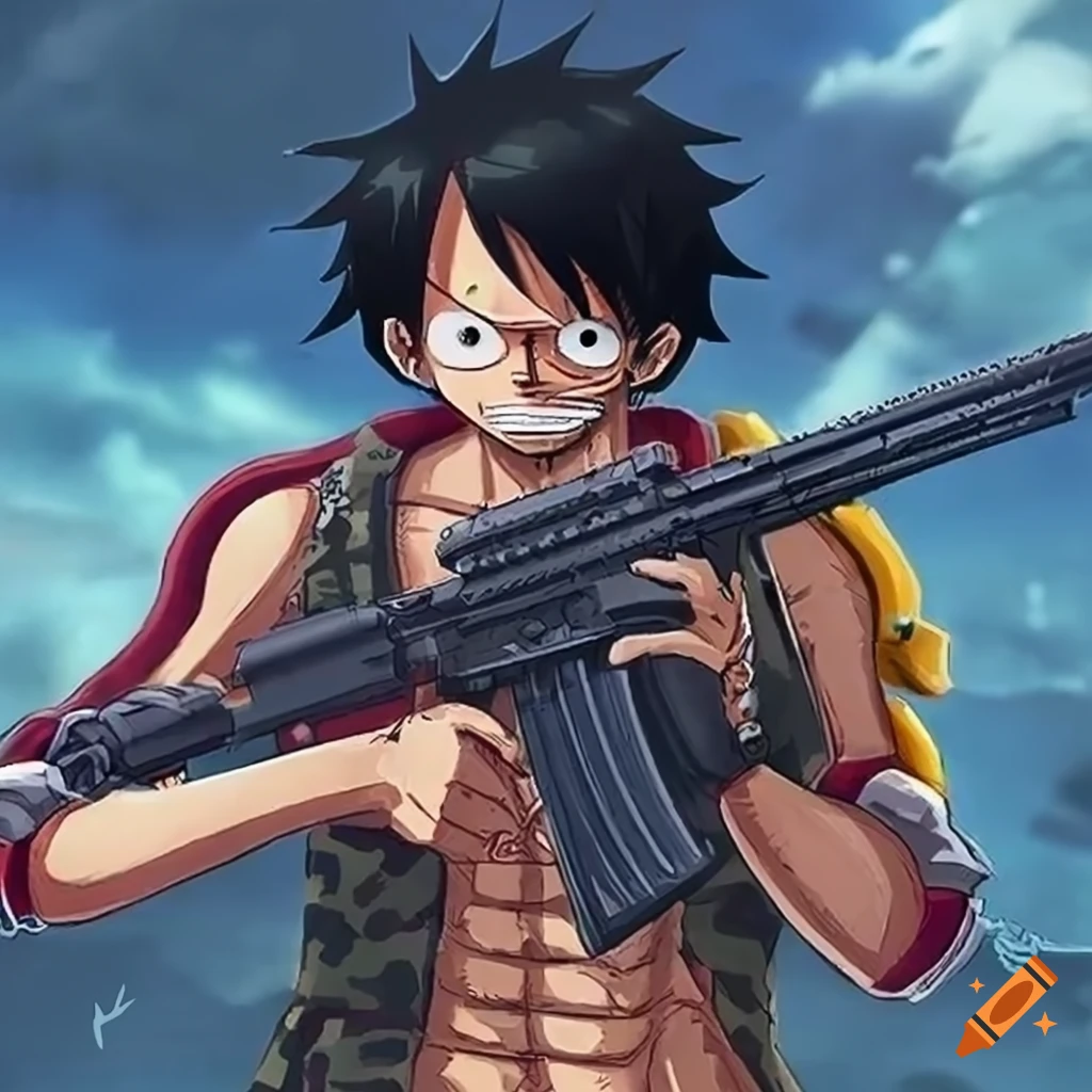 Anime luffy in military uniform holding a rifle on Craiyon