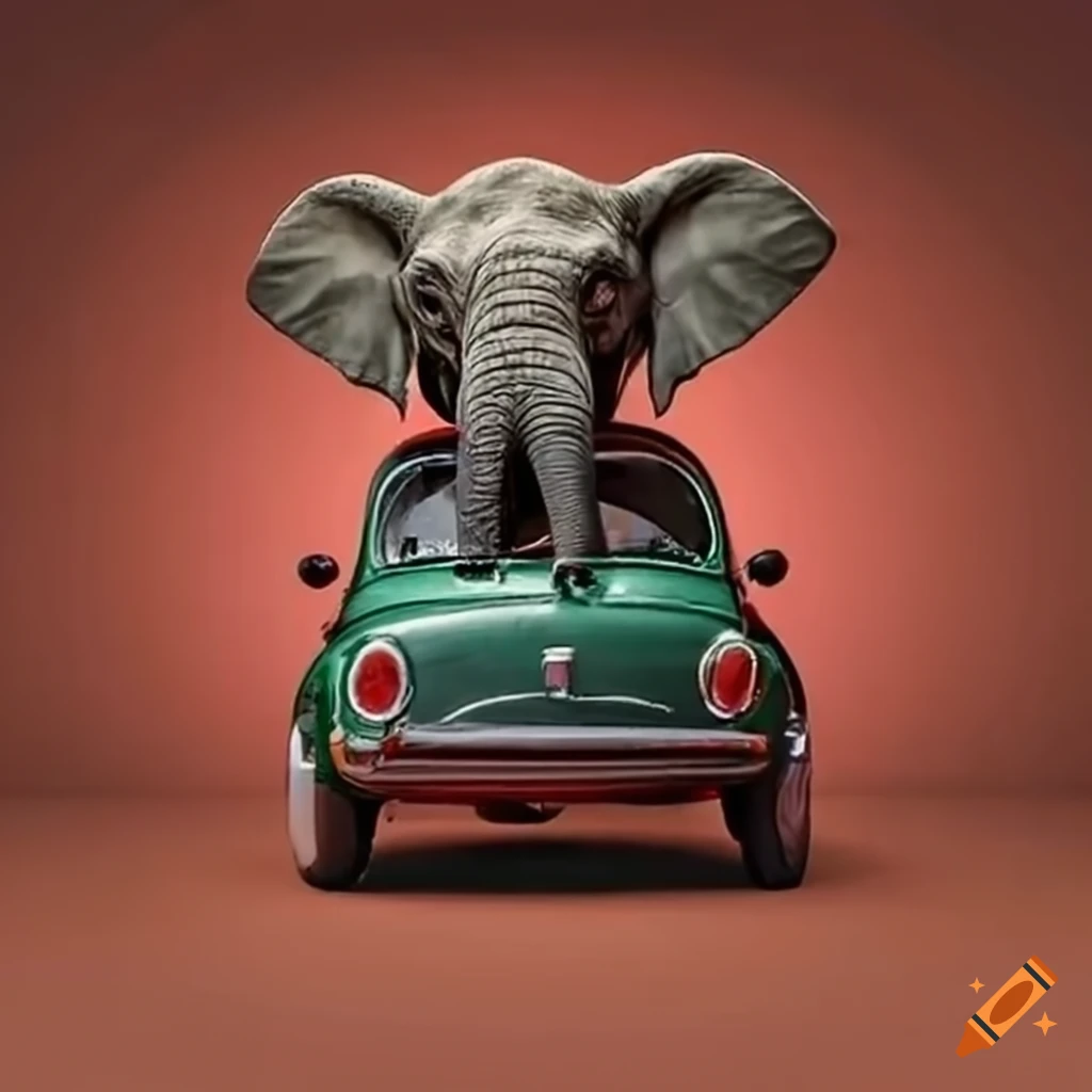 Funny image of an elephant sitting in a vintage fiat 500 on Craiyon