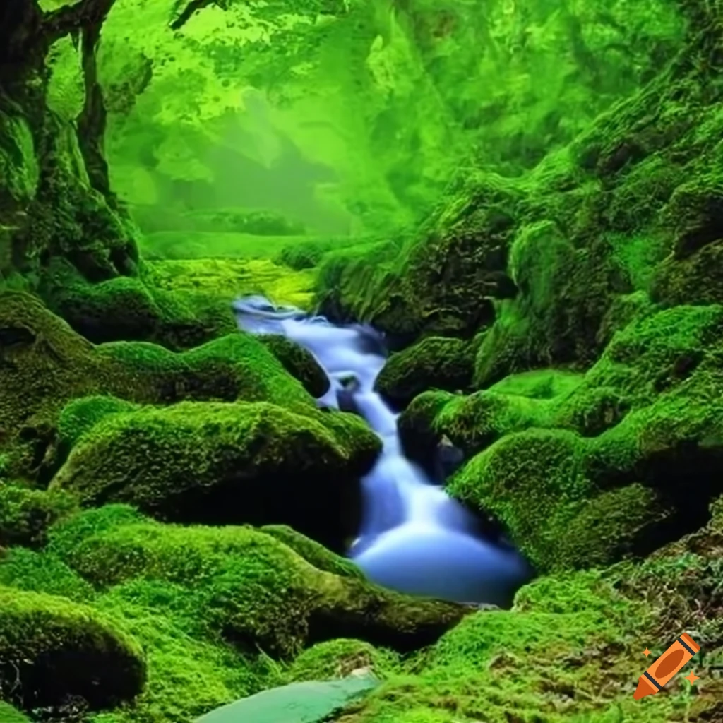 Lush green moss in an enchanting cave