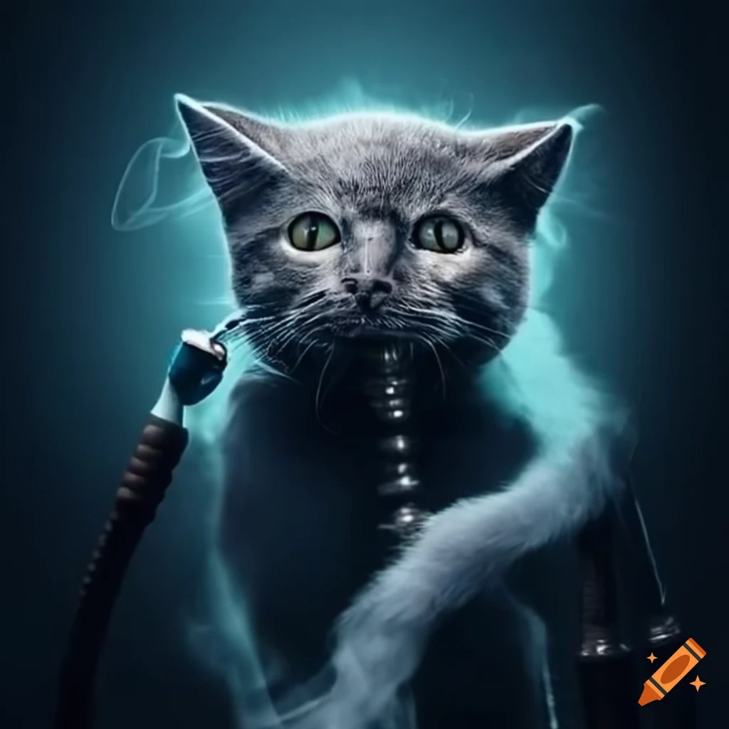 Comical illustration of a cat smoking a hookah on Craiyon