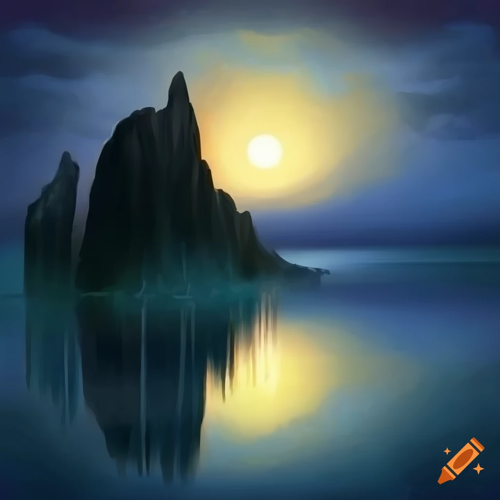 A tranquil hyper realistic beach shimmering under the moonlight with glowing crystals on Craiyon