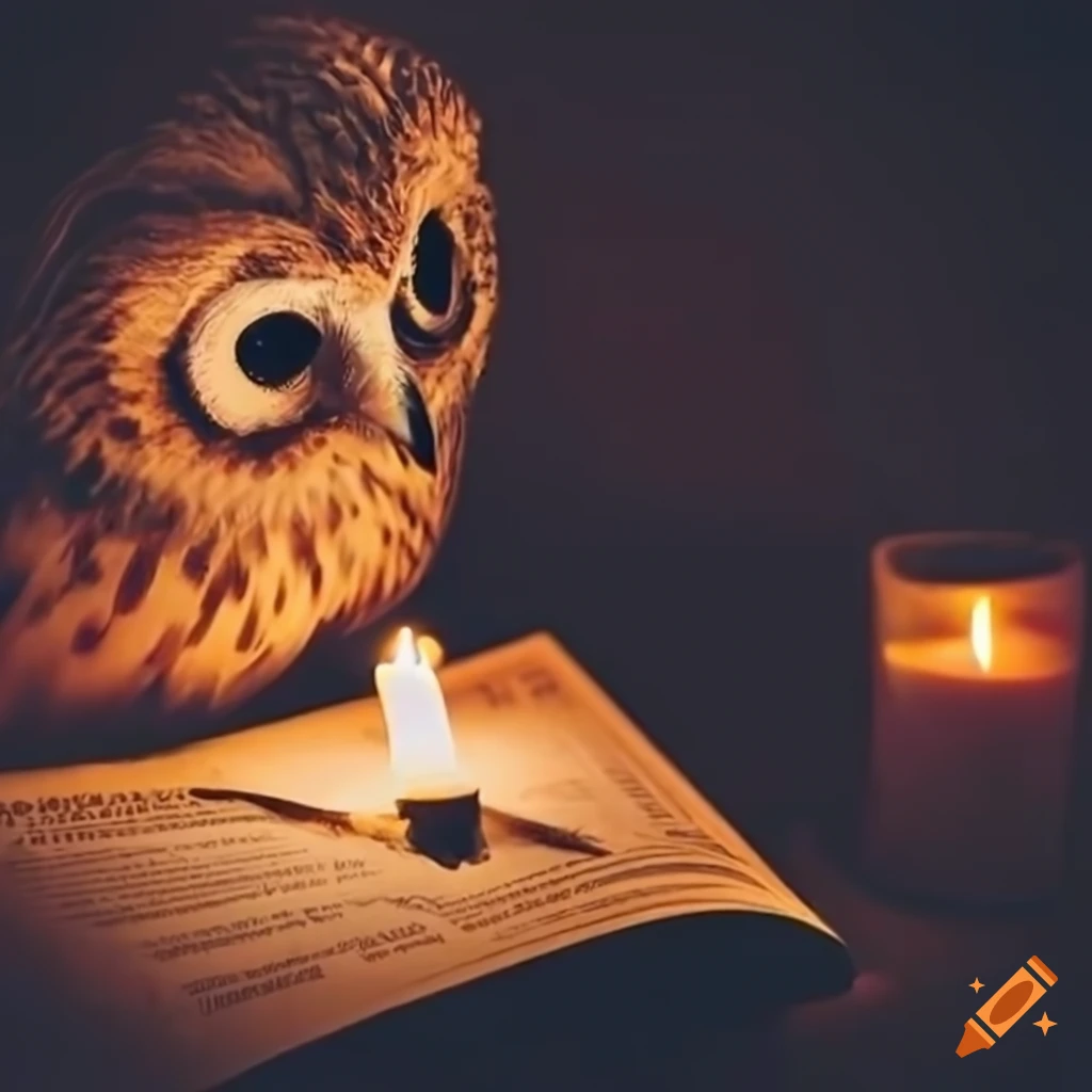 Owl reading a book by candlelight