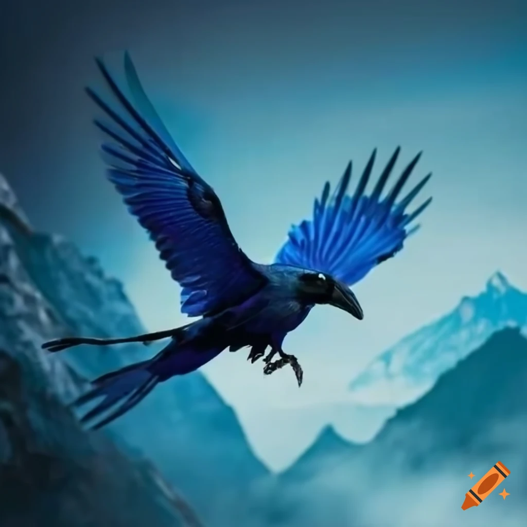 Mechanical raven flying over mountains on Craiyon