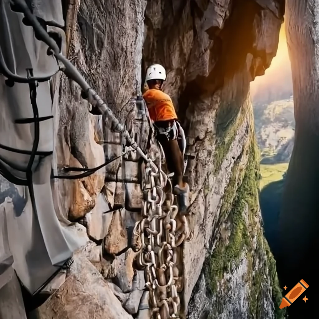 Rock wall with chains forming 'via ferrata' on Craiyon
