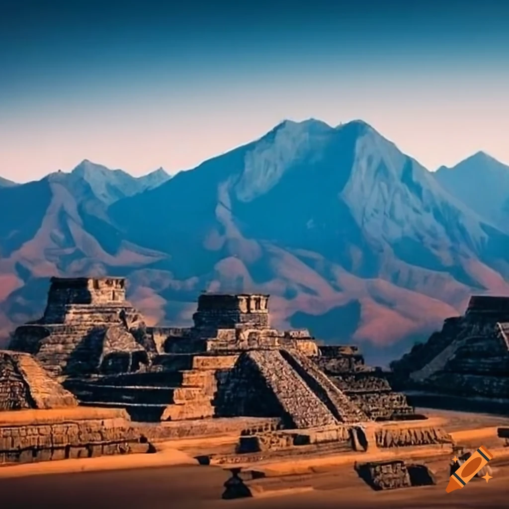 Mountains in the backdrop of an ancient aztec city on Craiyon