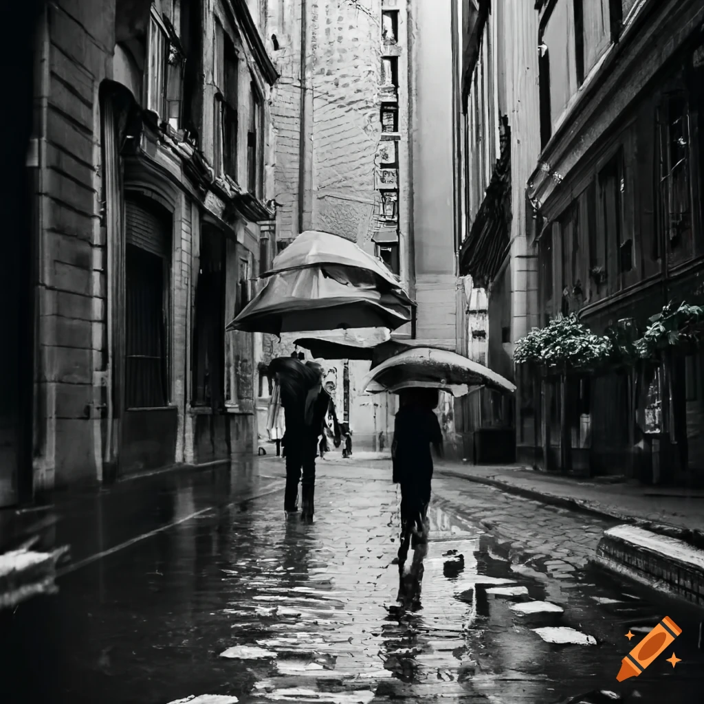 Urban photography of a rainy alley with umbrellas