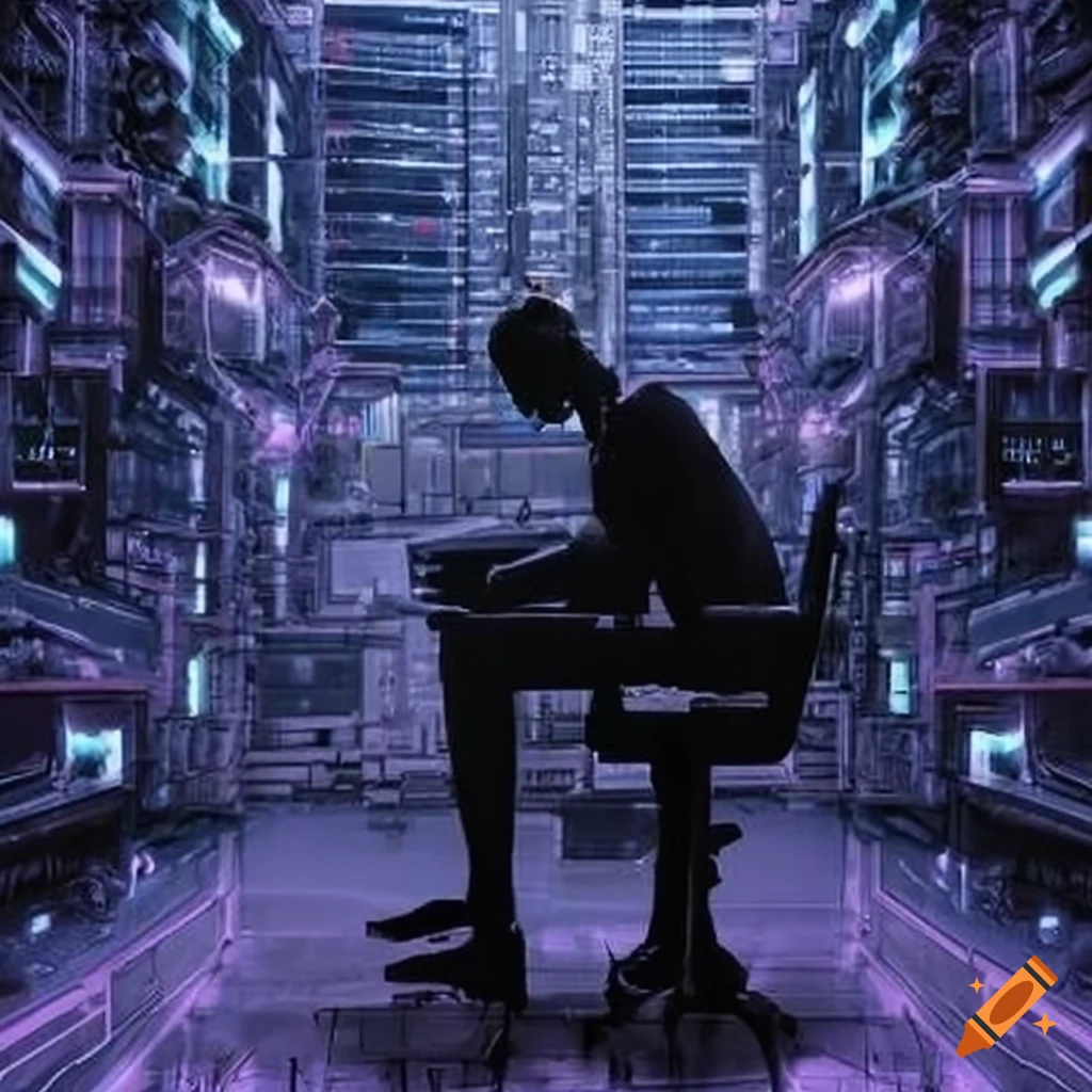 Shadowy figure in a high-tech lair with computers on Craiyon