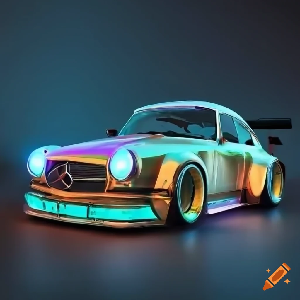 Render of a modified vintage Mercedes Gulwing in neon rainbow chrome on ...