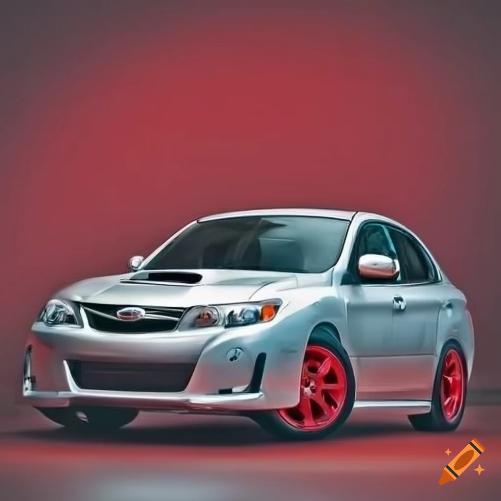 2009 silver subaru impreza with carbon fiber hood on red background