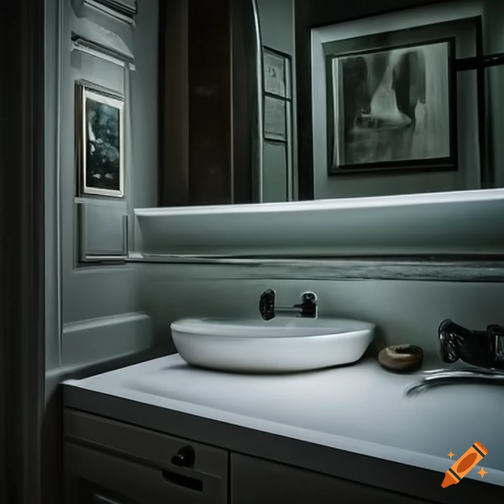 Dimly lit and cluttered bathroom sink on Craiyon