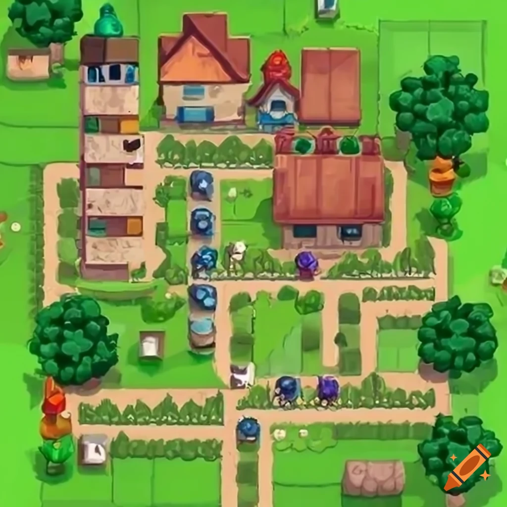 Top-down view of a charming farming game town on Craiyon