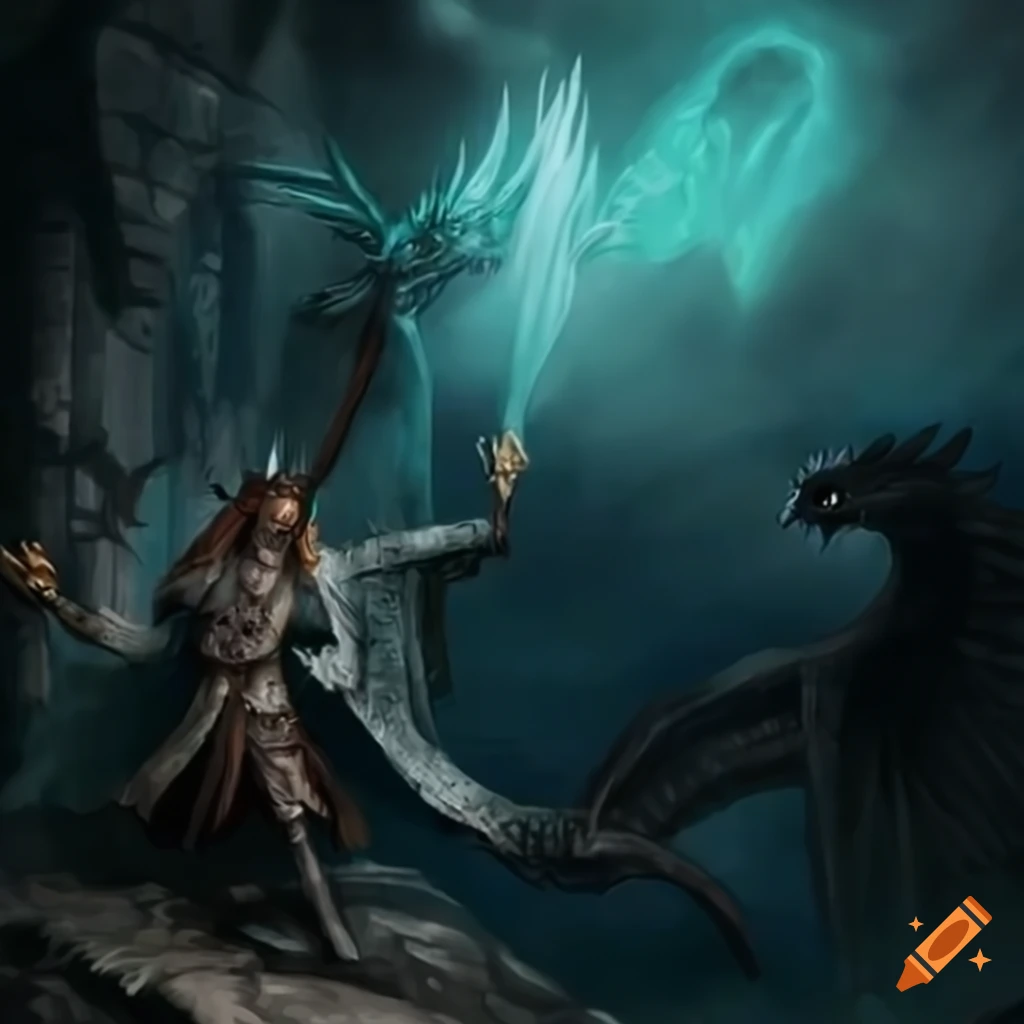 Image of an elf wizard battling undead hunters in a castle on Craiyon