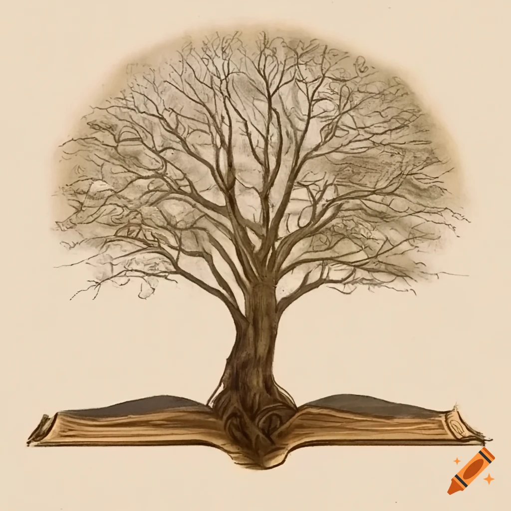 Family tree growing from an open book on Craiyon