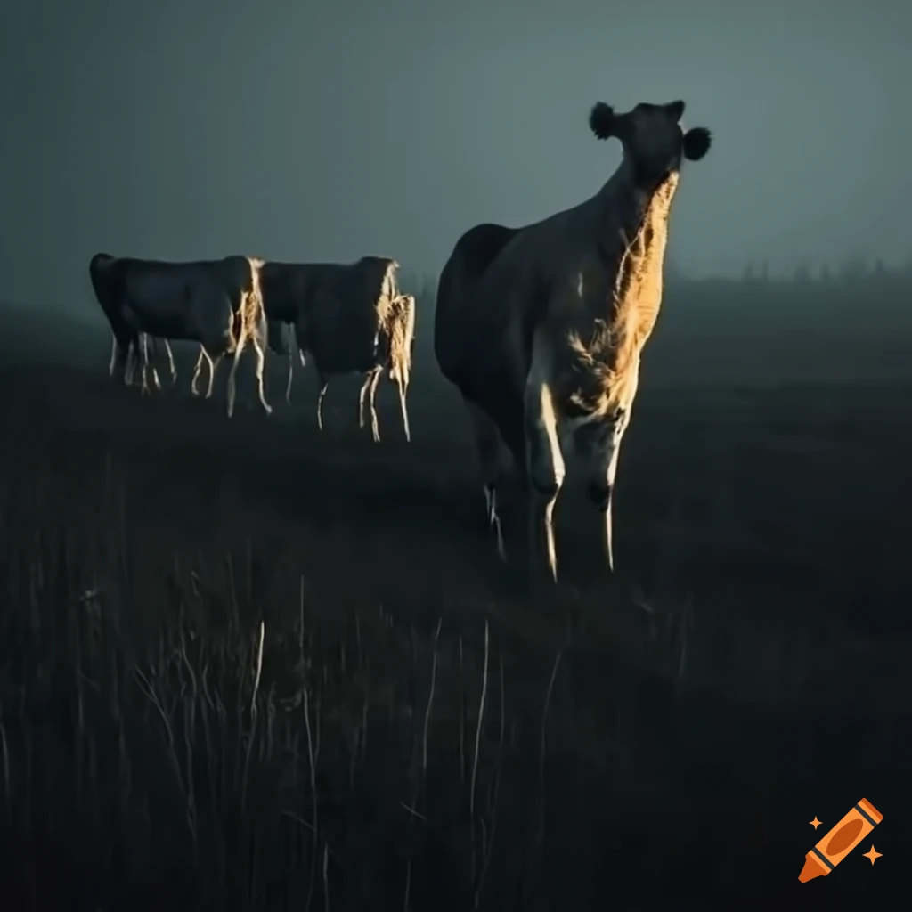 Tiny, sad angel inside a barn with cows at night, moonlight on Craiyon