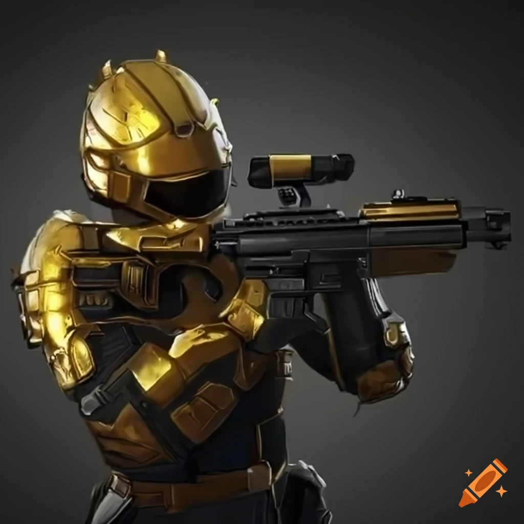 Futuristic soldier in golden armor with rifle